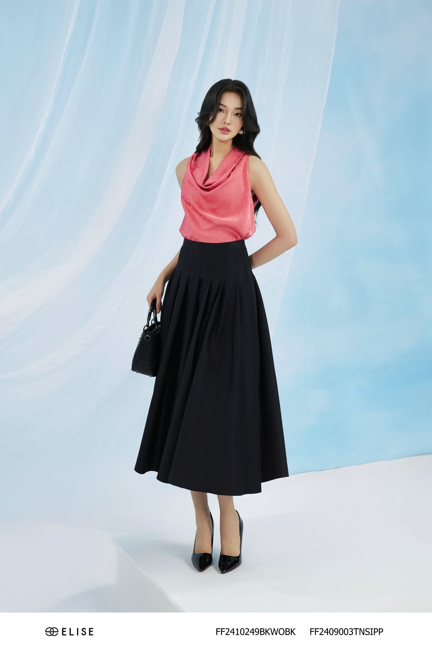 CHÂN VÁY TAFTA ĐEN XẾP LY