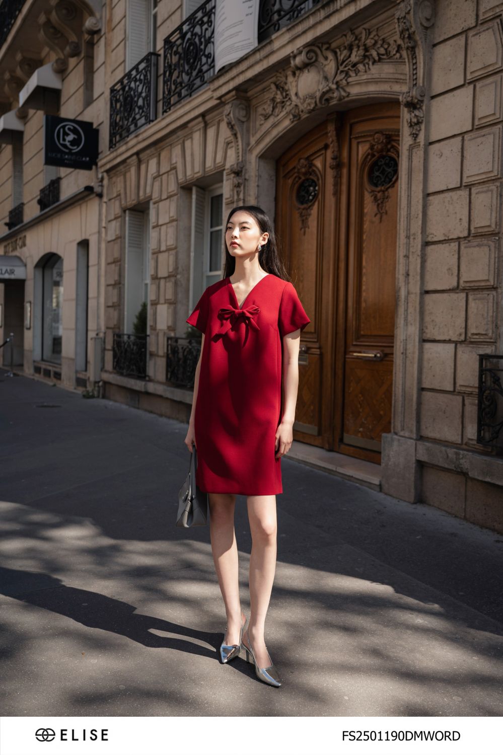 ĐẦM SUÔNG ĐỎ SẪM CỔ V ĐÍNH NƠ